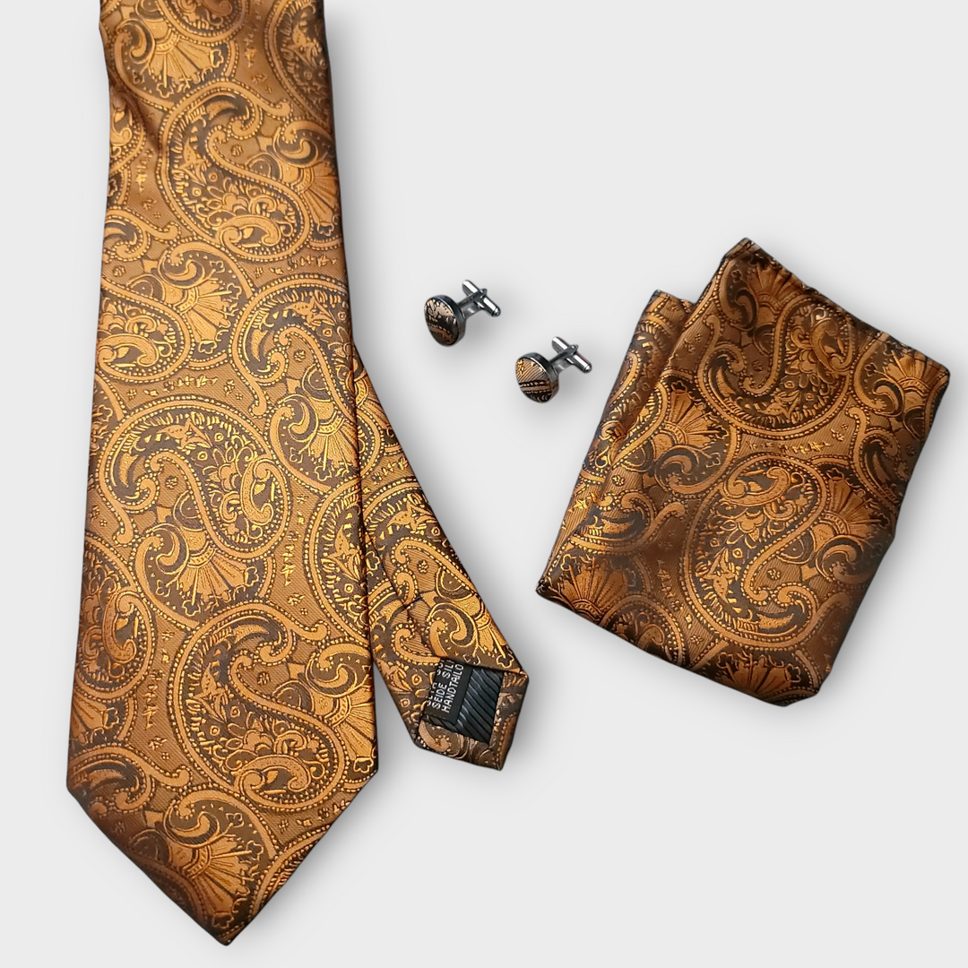 Orange Brown Jacquare Woven Silk Tie Pocket Square Cufflink Set – STYLETIE