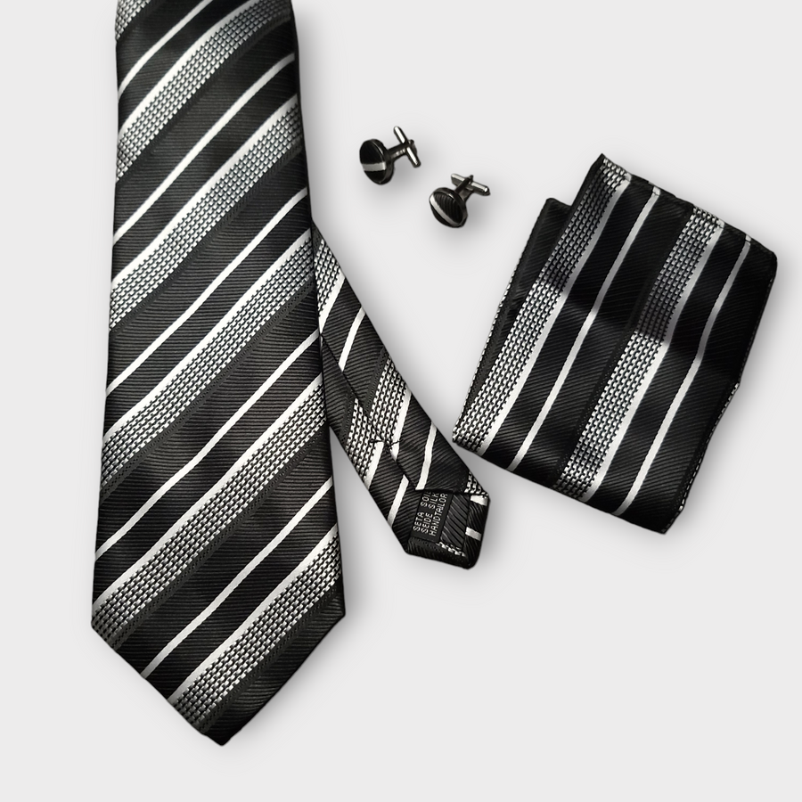 Black White Stripe Silk Tie Pocket Square Cufflink Set – STYLETIE