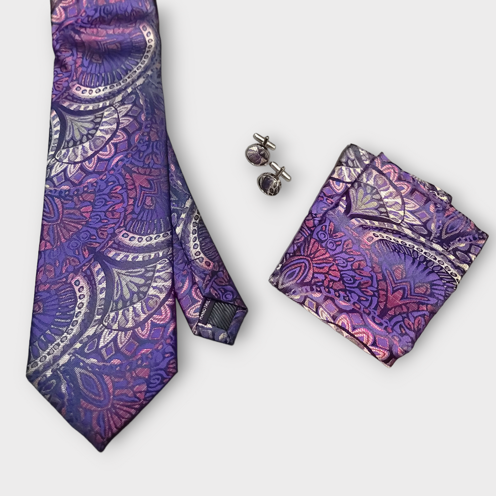 Purple Pink Yellow Floral Silk Tie Pocket Square Cufflink Set – STYLETIE