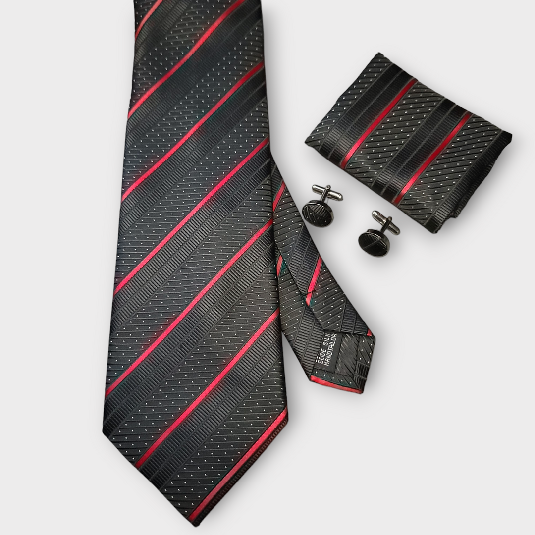 Black Red Stripe Silk Tie Pocket Square Cufflink Set – STYLETIE