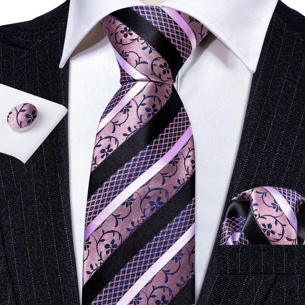 Lavender Black Stripe Floral Silk Tie Pocket Square Cufflink Set – STYLETIE